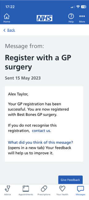 Telling patients their registration is successful - NHS England Digital